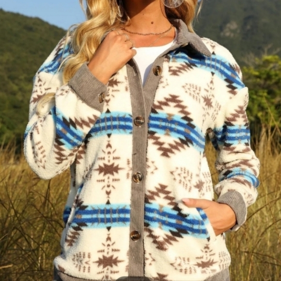 None | Jackets & Coats | Fuzzy Teddy Coat Shacket With Aztec Patterns ...